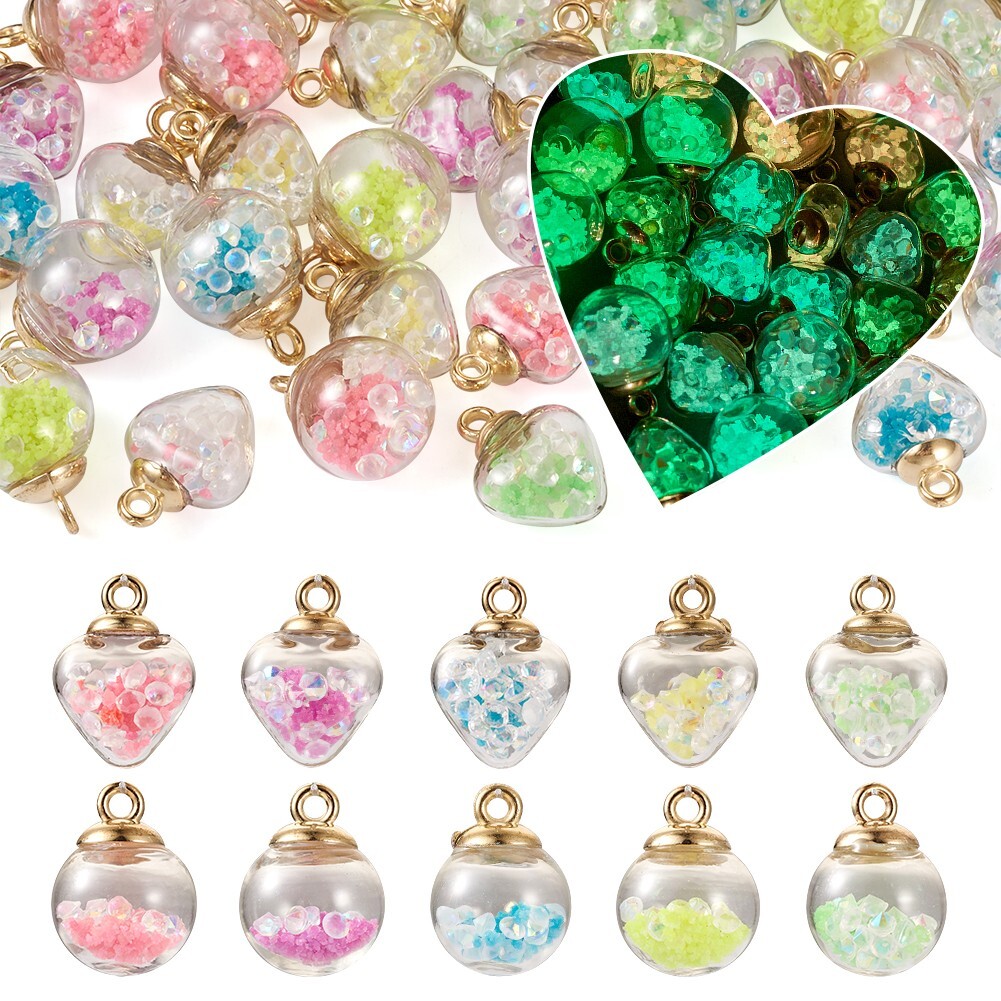 50Pcs Glow in the Dark Luminous Glass Globe Round Heart Charms Pendants ...