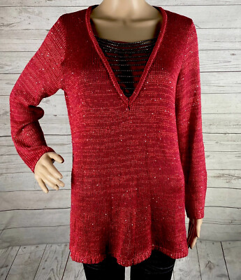 Reba Tunic Sweater Medium Red Sparkly Sequins Beaded V-Neck Lovely ...