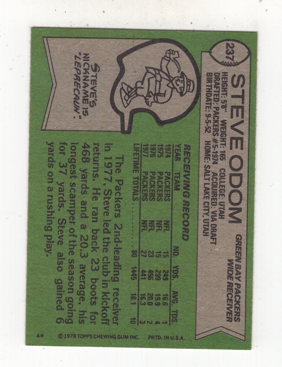 1978 TOPPS FOOTBALL STEVE ODOM GREEN BAY PACKERS #237 | eBay
