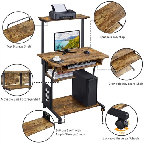 3 Tier Rolling Computer Desk w/Printer Shelf Keyboard Tray Rustic ...