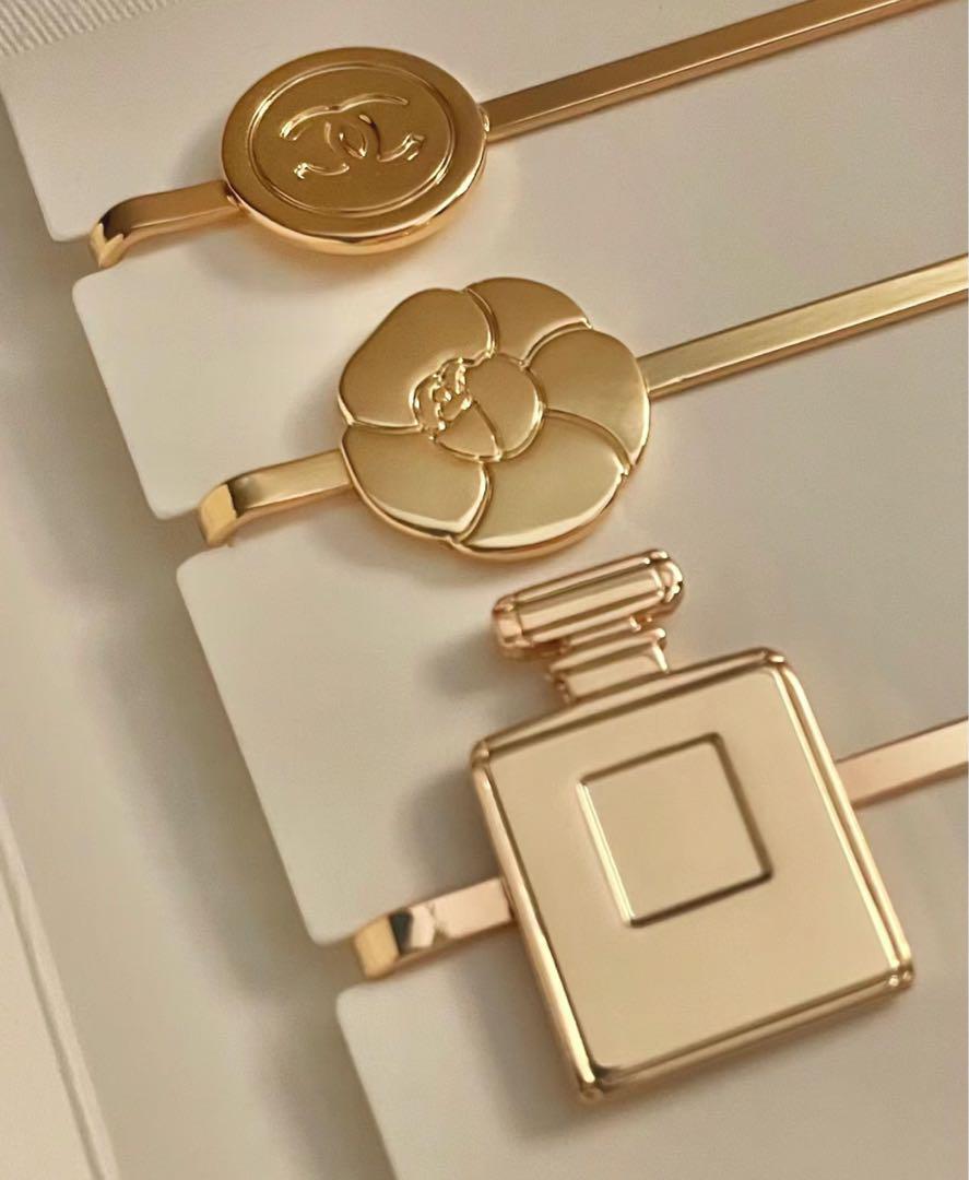 set of 3 Chanel Authentic CC Hair Pin Accessories COCO Camellia GOLD ...