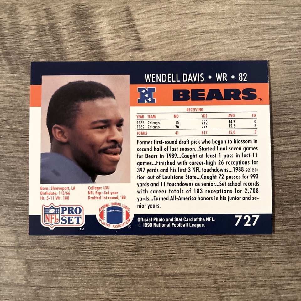 1990 Pro Set Wendell Davis Rookie Chicago Bears #727 NFL Mint | eBay