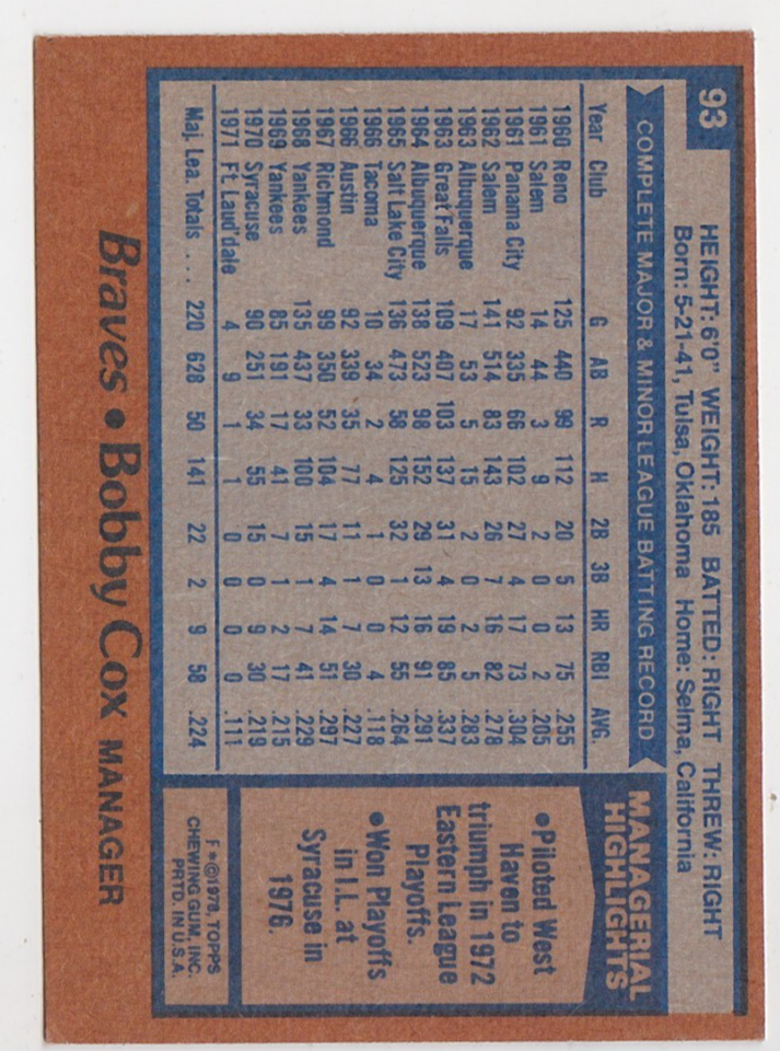 1978 Topps #93 Bobby Cox Atlanta braves | eBay