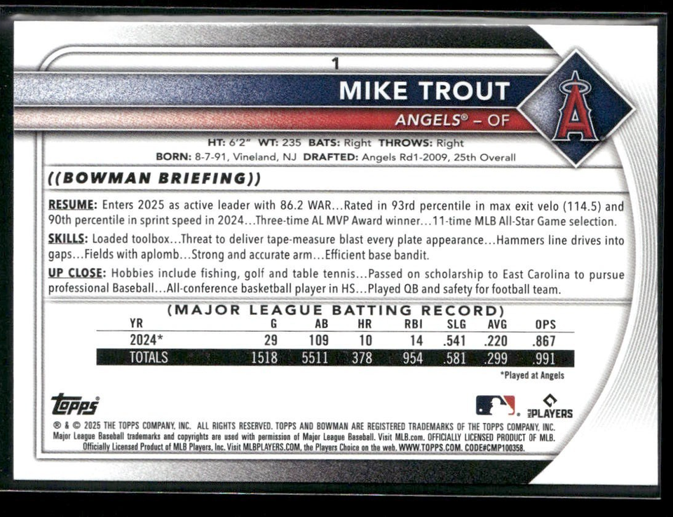 ⚾️ 2025 Mike Trout Los Angeles Angels Topps Bowman #1 MLB | eBay