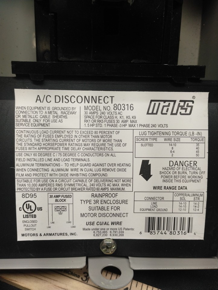 240v MARS 80316 30A Fused A/C Disconnect Switch | eBay