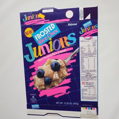 Frosted Rice Chex Juniors Ralston Vintage Cereal Box 1989 1990 Snickers ...