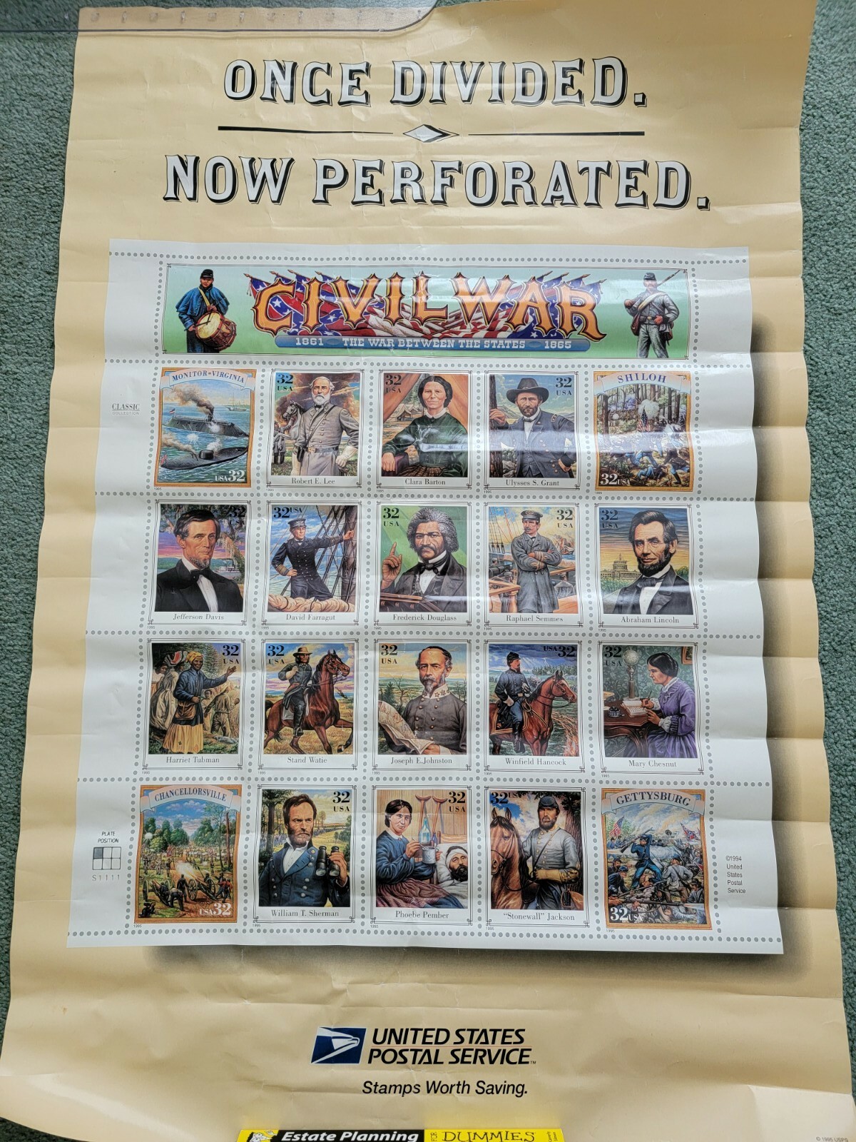 Civil War Commemorative Stamp Poster USPS Rare 36" X 24" w Robert E ...