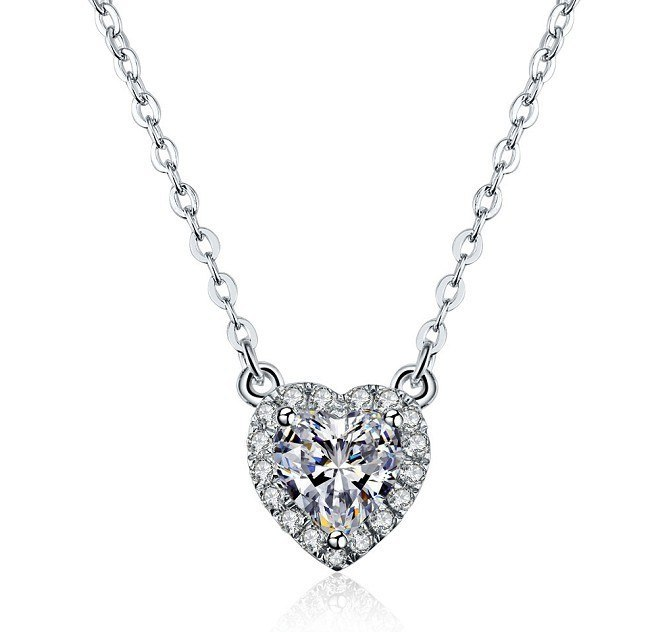 Heart Cut Lab-Created Moissanite Pendant Chain Halo Heart Shape 14k ...