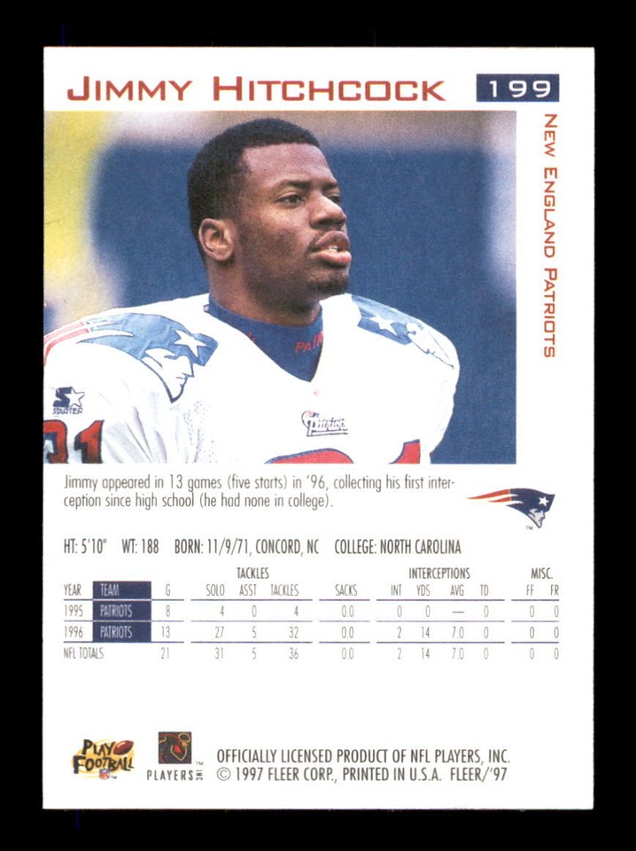 1997 Football Fleer Jimmy Hitchcock New England Patriots #199 SB | eBay