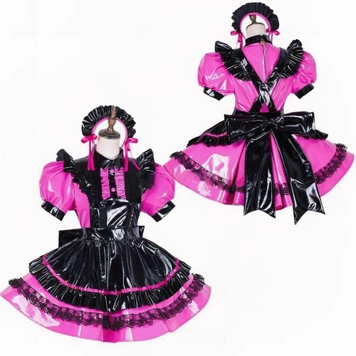 French Maid Girl Lockable Pink PVC Unisex Dress cosplay costumes Tailor ...