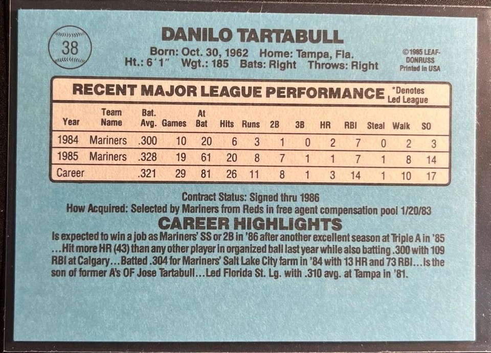1986 DONRUSS DANNY TARTABULL ROOKIE CARD NM+ | eBay