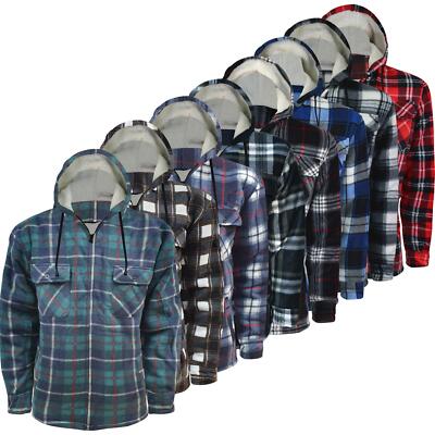 Mens Hooded Fleece Padded Lumberjack Shirt Jacket Fur Lined Sherpa Warm ...