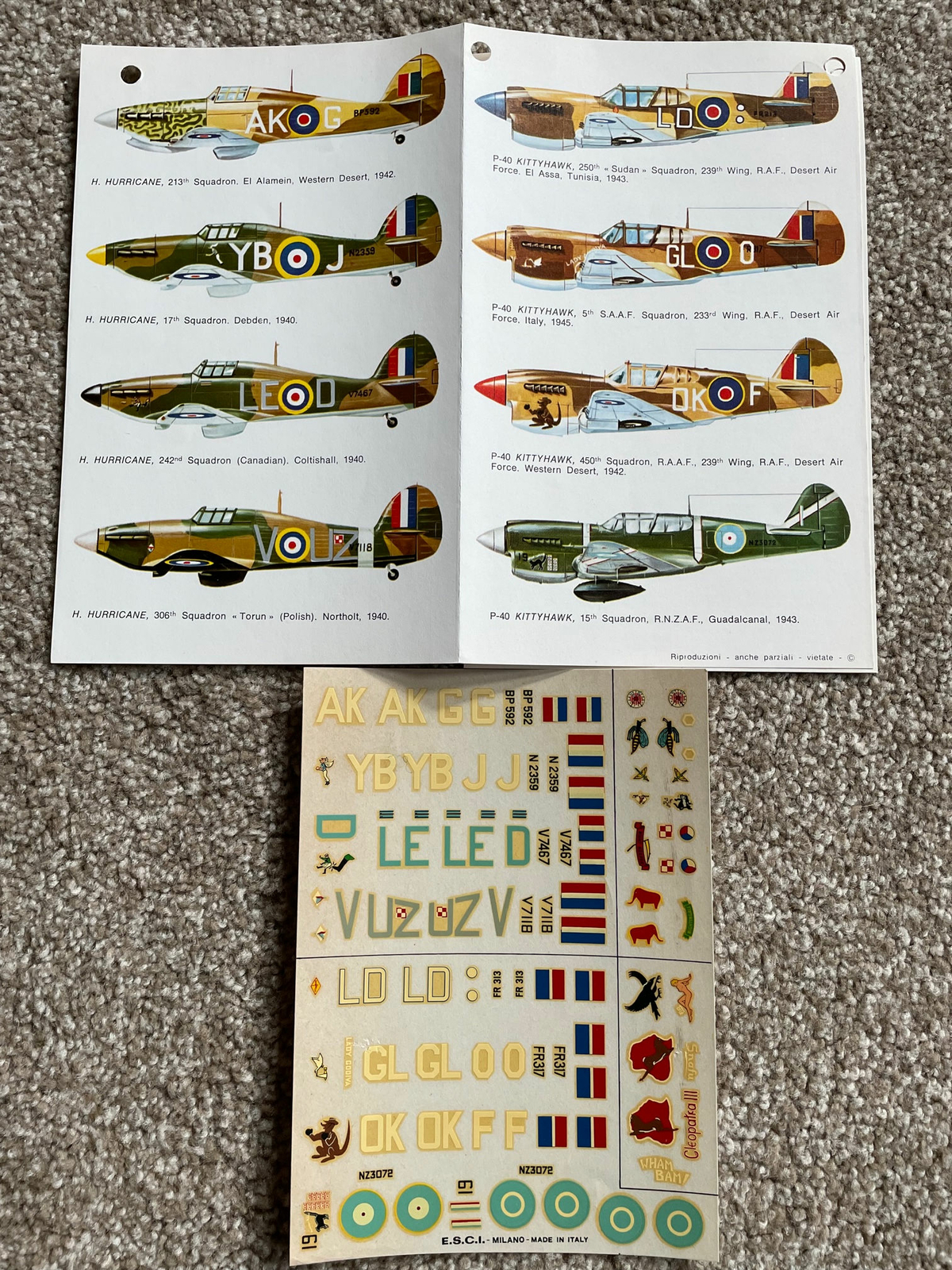 ESCI 1/72-SCALE DECALS #4 HAWKER HURRICANE CURTISS P-40 KITTYHAWK WW2 ...
