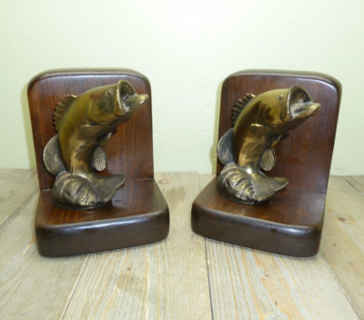 Cornwall Vintage Brass Fish Trout Book Ends Heavy Base Dark Wood Or ...