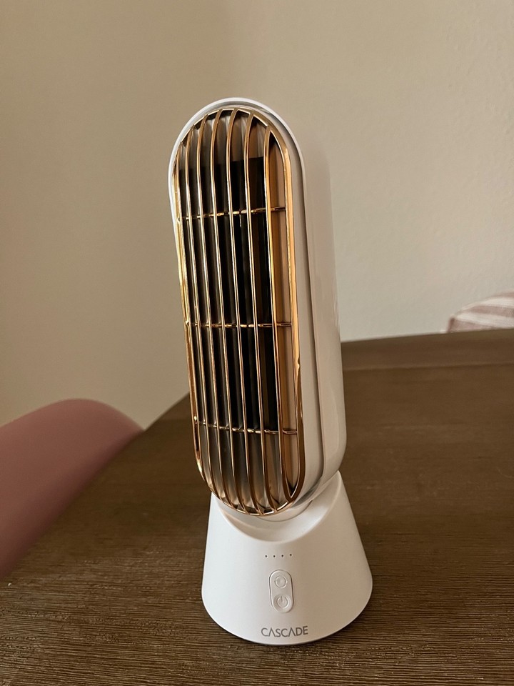 Intertek rechargeable portable fan. Travel size, white and gold, very ...