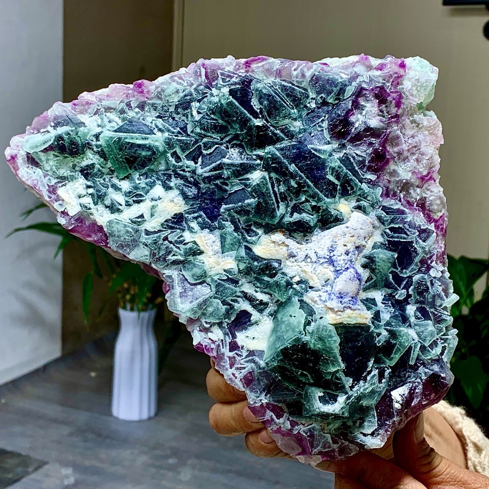 8.17LB Rare transparent purple-green cubic fluorite mineral crystal ...