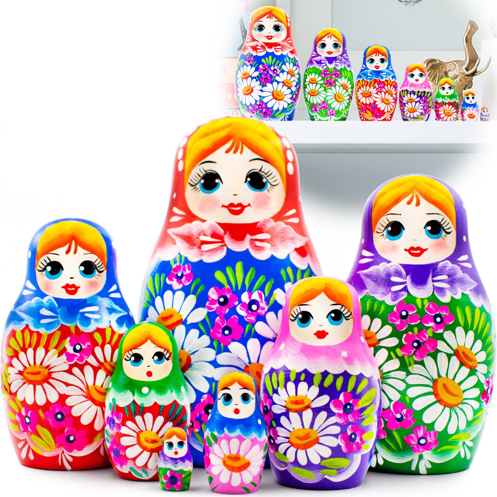 Matryoshka Dolls Set of 7 pcs - Russian Dolls in Rainbow Sarafan Dress ...