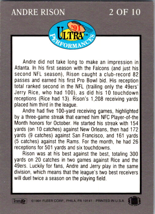 Andre Rison 1991 Fleer Ultra #2 Performances Football Card | eBay