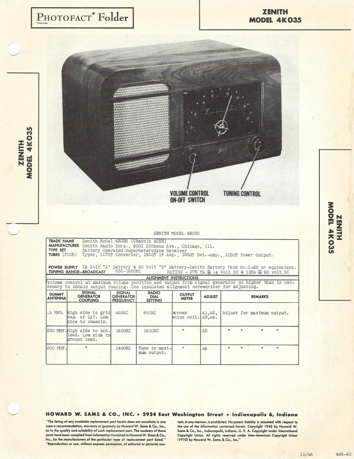 Sams Photofact Folder Radio Parts Manual Schematic ZENITH Model 4K035 ...