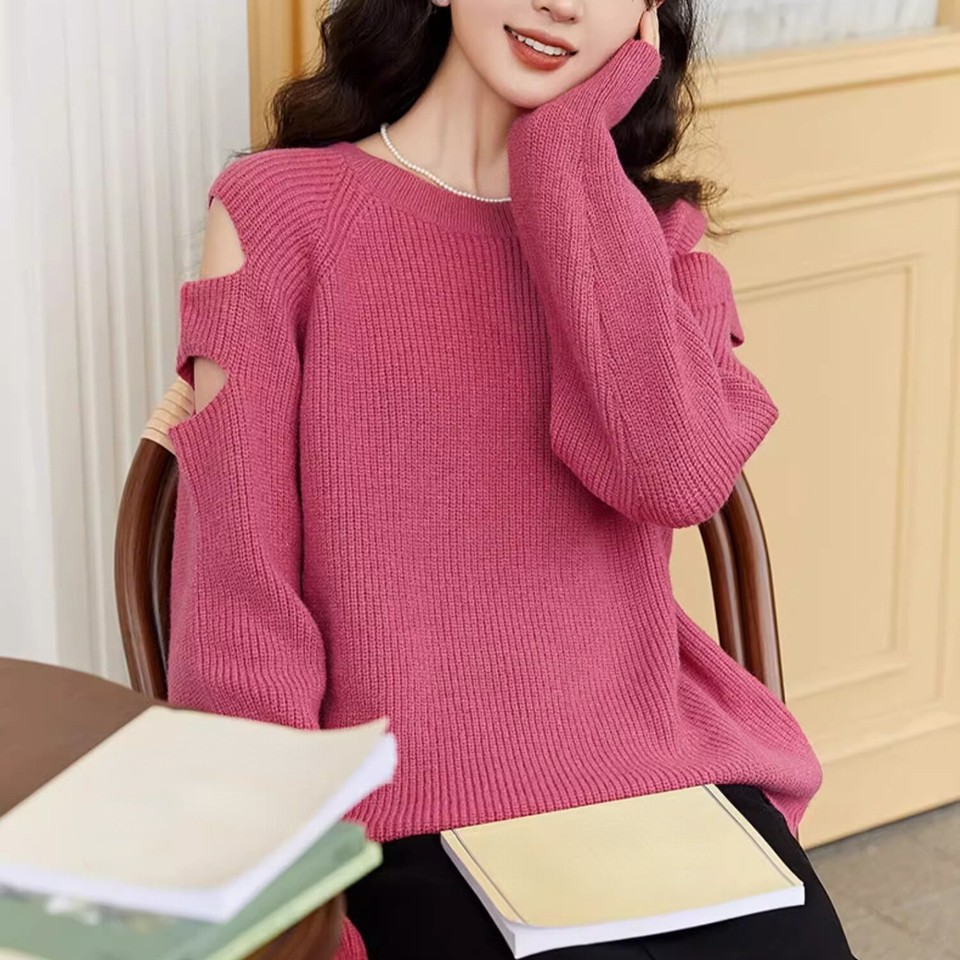 Women Cut Out Arm Sweater Knitted Pullover Top Round Neck Long Sleeve ...