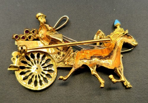 Vintage 18k Solid Gold Ruby & Enamel Floral Chariot Carriage Horse Pin ...
