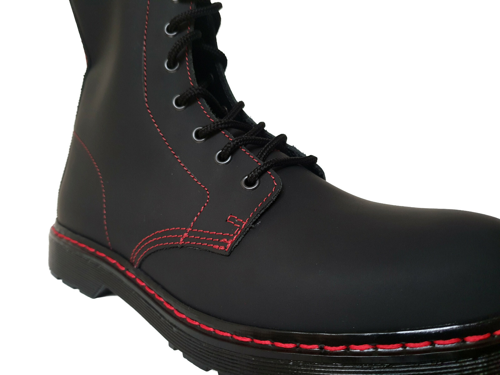 Boots & Braces 8 Hole Boots Matt Black Leather Red Stitch Punk Skinhead ...