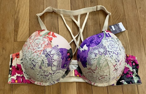 Plus Size 44C Cacique Front Close Boost Plunge Bra Cream Lace Floral ...