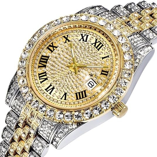 Men Watch Hip Hop Iced Two Tone Rapper Bling Simulated Diamond Luxury ...