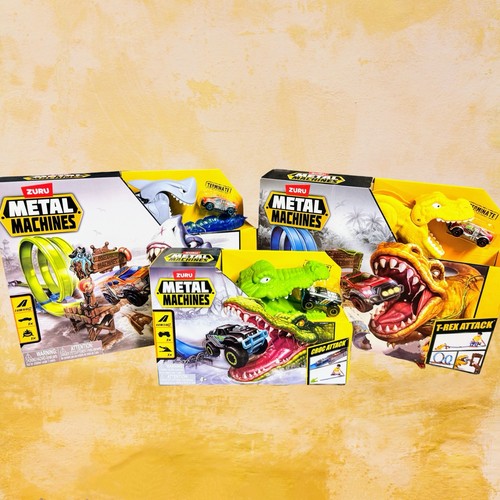ZURU Metal Machines LOT of 3 Playsets Shark T Rex Croc Attack Track Set ...