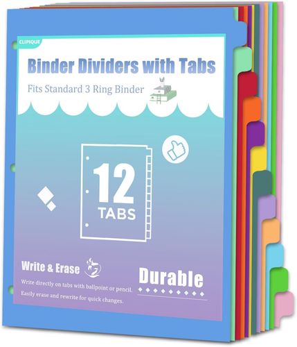 12-Tab Binder Dividers with Tabs for 3 Ring Binder, Write & Erase ...