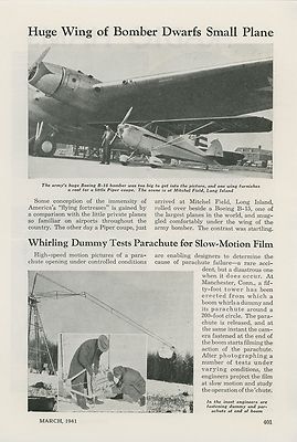 1941 Magazine Article Boeing B-15 Bomber with Piper Coupe Under Wing ...