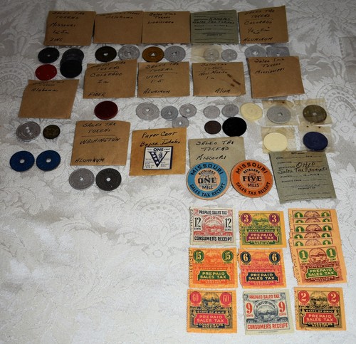 G6. 48x US SALES TAX TOKENS PAPER CENT & PRE-PAID TAX RECEIPTS ...