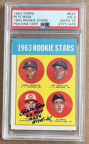 1963 Topps 537 Pete Rose Signed RC ROOKIE CARD VG 3 AUTO 10 PSA 3 ...