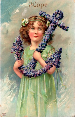 Vintage Postcard “Hope” Girl in Green Dress Holds Anchor of Purple ...