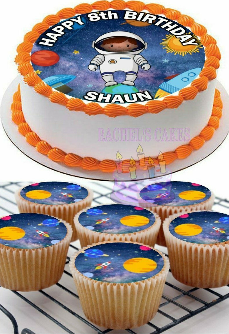 KIDS ROCKET SPACE PERSONALISED EDIBLE ICING BIRTHDAY CAKE TOPPER AND 8 ...