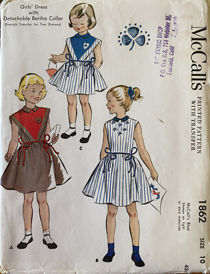 Vtg 50's McCall 1862 Girls DRESS w/ Bertha Collar Sewing Pattern sz 10 ...