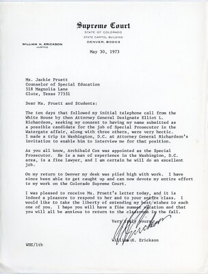 William H. Erickson 1973 Signed Supreme Court Letter from May 30, 1973 ...