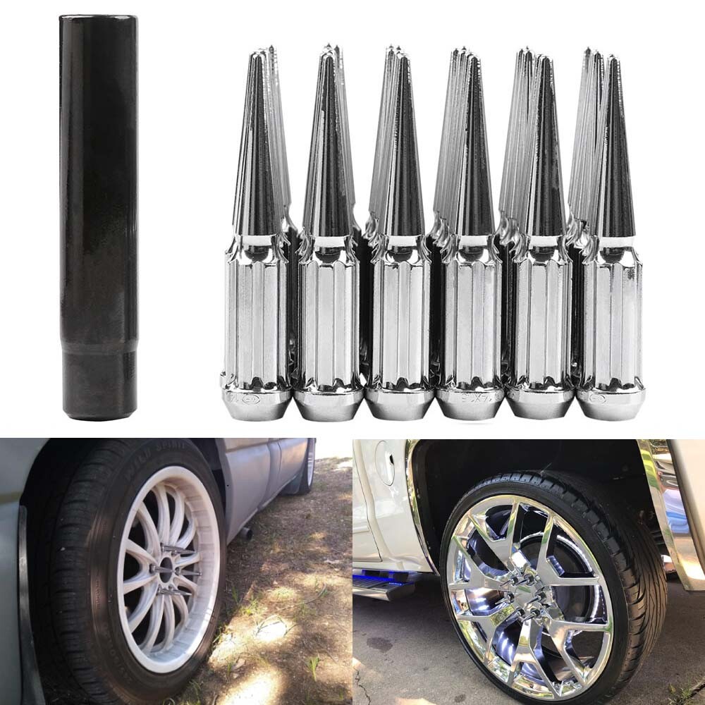 24 PCS Black Spike Lug Nut 14x1.5 + 4.4" w/Key For Ford Expedition F ...