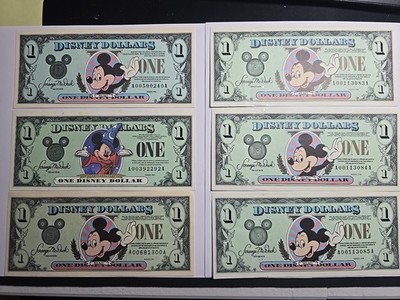 6x $1 Disney Dollars Mickey Mouse Notes - 1990 1995 1998 2001 with ...