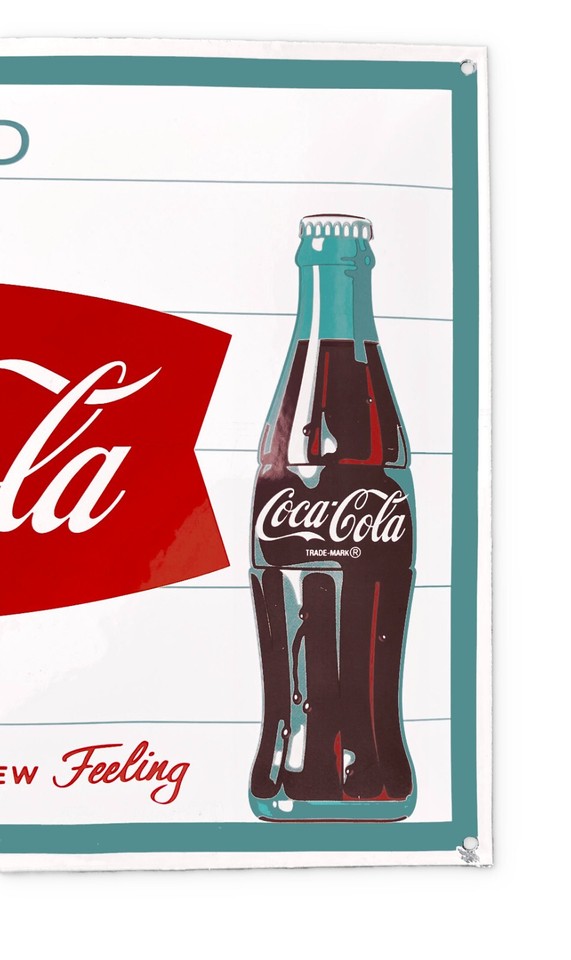 Vintage Coca-Cola Fishtail 16” x 13" Porcelain Sign "...Refreshing New ...