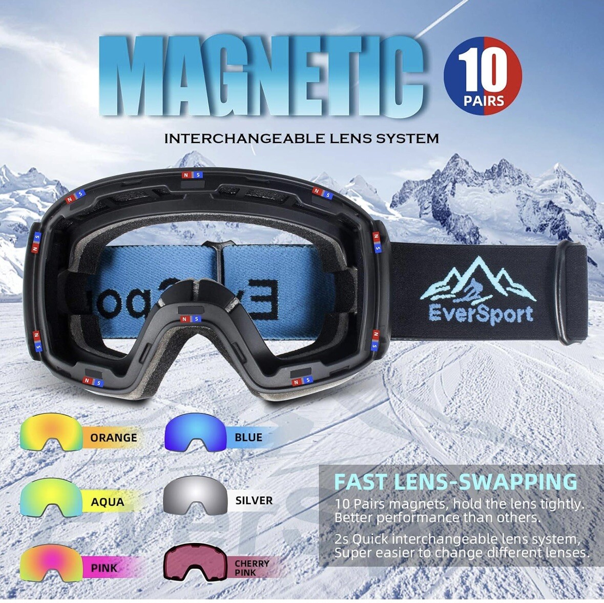 M81 Ski Goggles Pro, Magnetic Snowboard Snow Goggles UV Protection，Blue ...