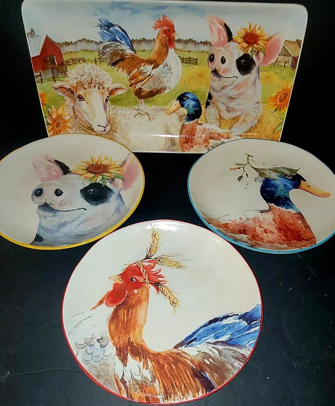 Pier 1 Barnyard Animal Plate Platter 4 pc Pig Duck Rooster Rustic ...