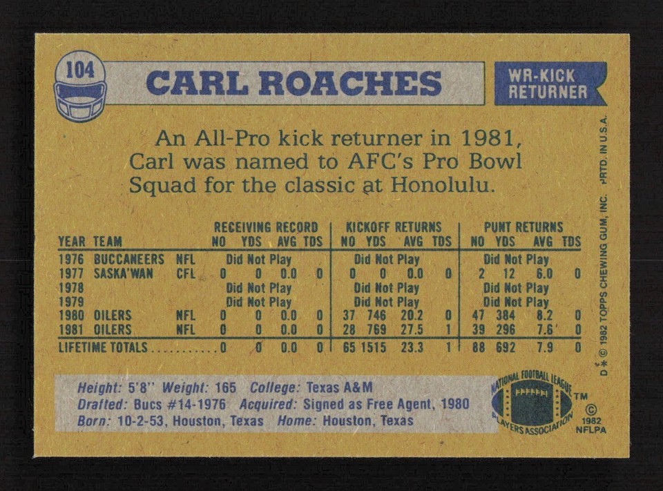 1982 Topps Football AFC All-Pro Carl Roaches #104 Houston Oilers | eBay