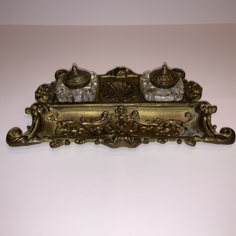 Vintage Bronze InkWell with Pressed Glass Ink Jars Bottles Heavy Stand ...