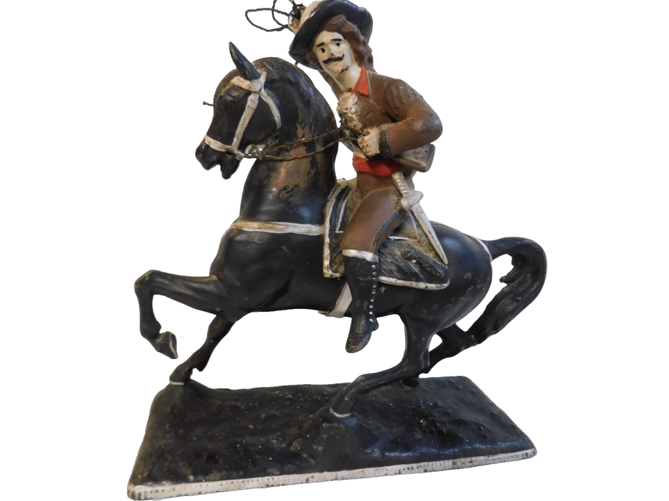 ANTIQUE~ CAST IRON MUSKETEER ON HORSEBACK WITH LASSO~10" TALL X 9 1/2 ...