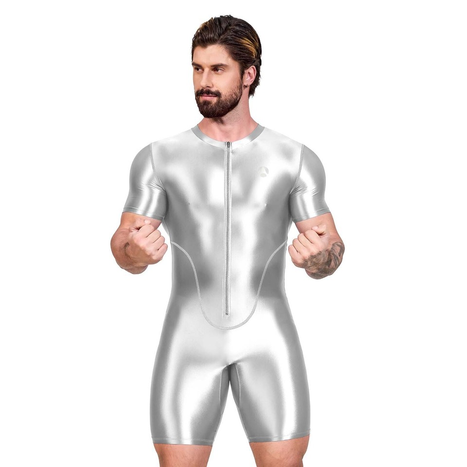 NEW AMORESY Men Shiny Glossy Tracksuits Bodysuit Tights Jumpsuits ...