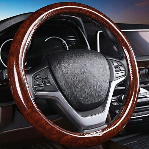 Wood Grain Brown Steering Wheel Cover Leather Elastic Stretch Car SUV ...