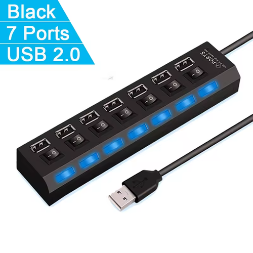 USB 2.0 Hub 7 Port On/Off Switch High Speed Splitter AC Adapter Cable ...