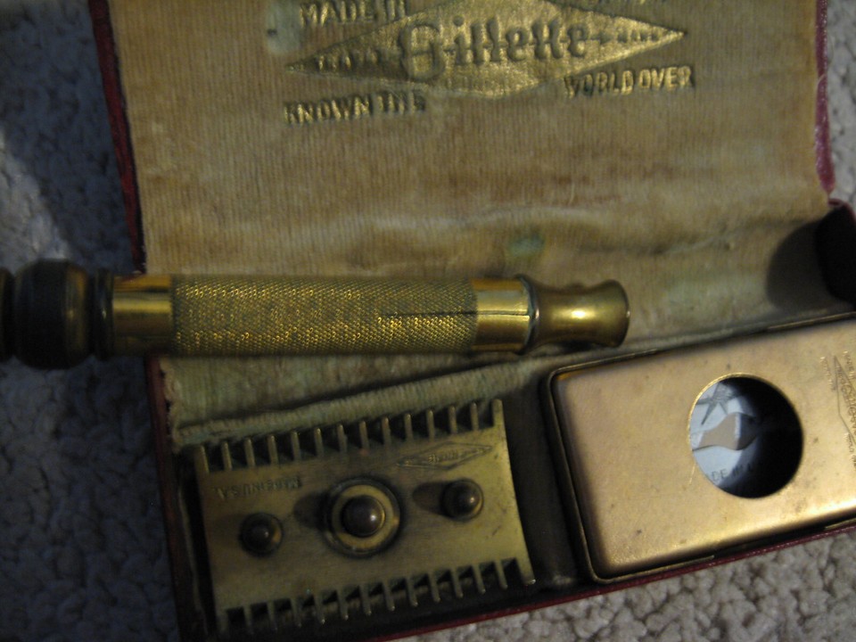 VINTAGE GILLETTE Brass 3 pc SAFETY razor brass Blade Box & storage case ...