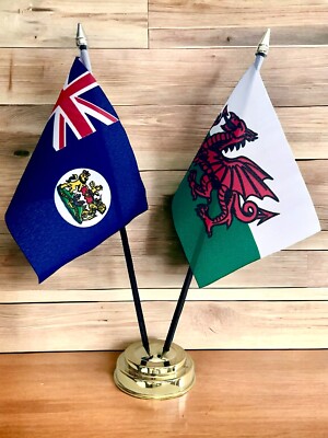WALES and HONG KONG BRITISH COLONIAL TABLE FLAG SET 2 flags plus BASE ...